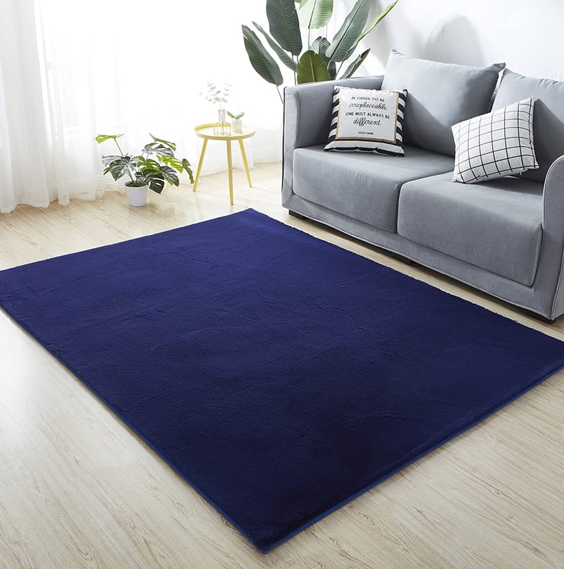 Petfu Luxury Faux Chinchilla Fur Rectangular Area Rug Furry Rug Polyester Rug Faux Fur Shag Rug for Living Room Bedroom Nursery Dorm,118" L x 79" W,Navy Blue
