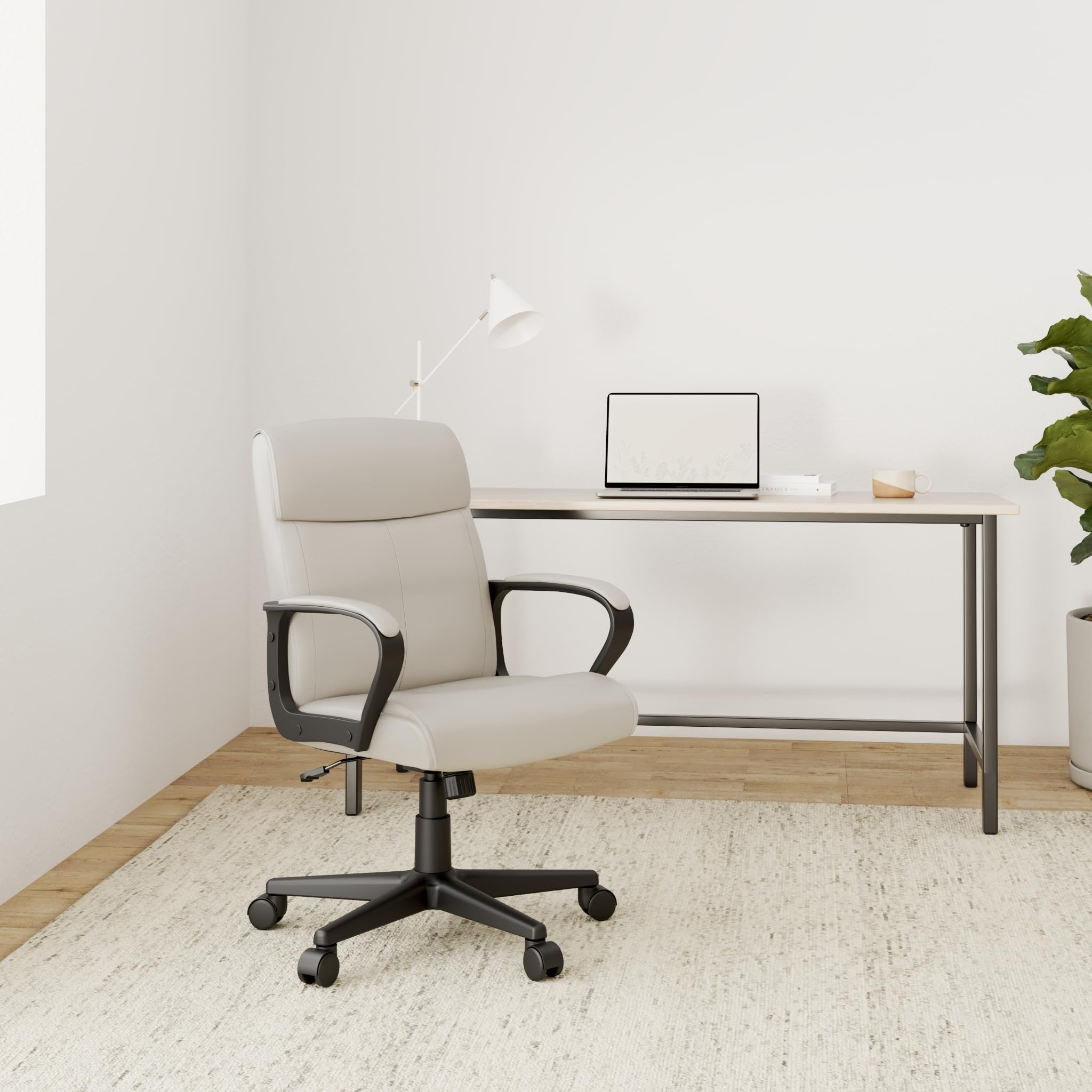 Executive Office Chair Computer Desk Chair with Padded Armrests, Ergonomic Chair Mid Back Lumbar Support and Adjustable Height & Tilt Angle Home Office Desk Chairs PU Leather Swivel Chair, Cream