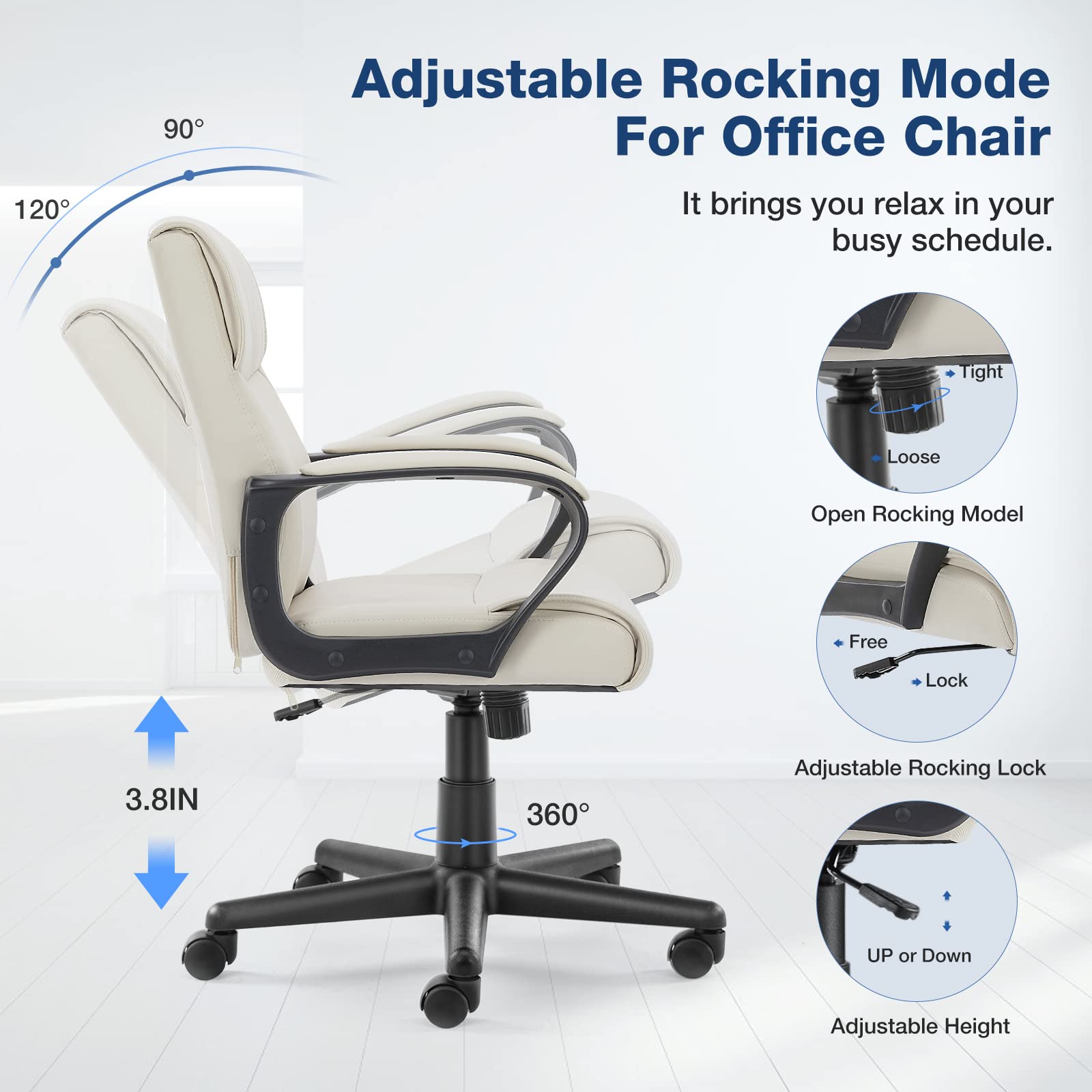Executive Office Chair Computer Desk Chair with Padded Armrests, Ergonomic Chair Mid Back Lumbar Support and Adjustable Height & Tilt Angle Home Office Desk Chairs PU Leather Swivel Chair, Cream