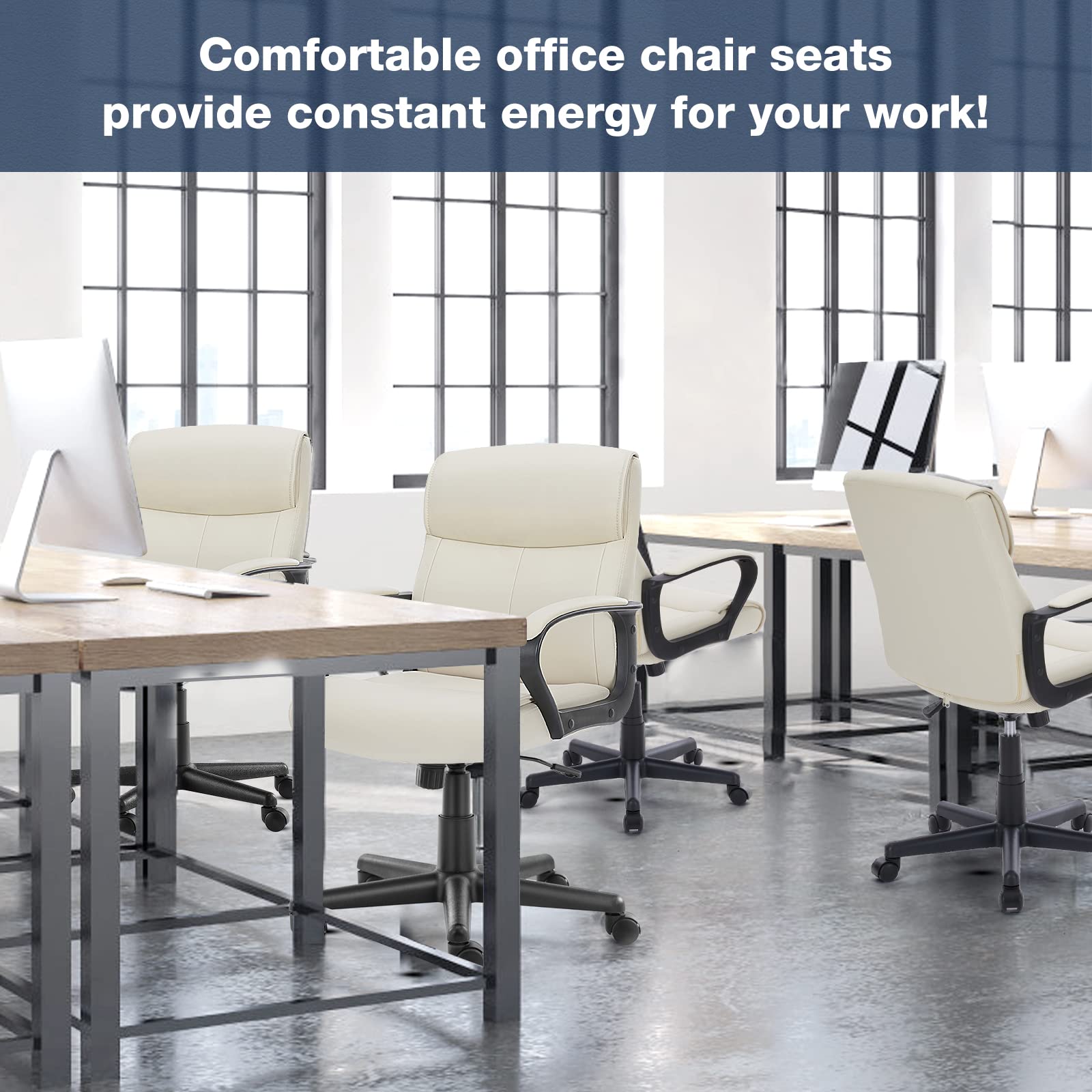 Executive Office Chair Computer Desk Chair with Padded Armrests, Ergonomic Chair Mid Back Lumbar Support and Adjustable Height & Tilt Angle Home Office Desk Chairs PU Leather Swivel Chair, Cream