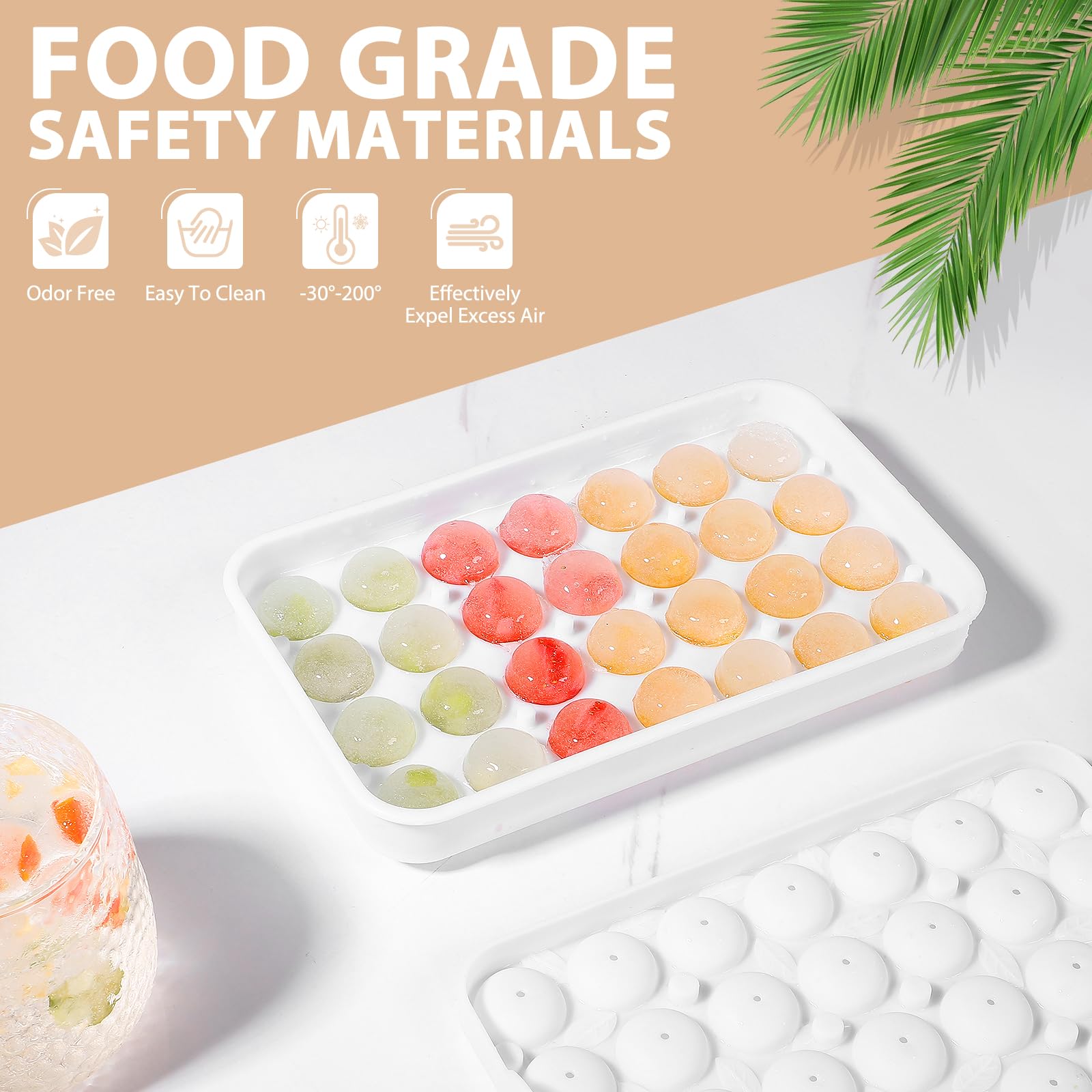 Ice Cube Tray, Silicone Apple Ice Ball Trays Maker, White Small Round Ice Mold for Cocktail, Juice, Whiskey, Freezer, Keep Drink Chille - Easy Release, ROHS and FDA (2 Ice Trays&1 Ice Box&1 Ice Scoop)