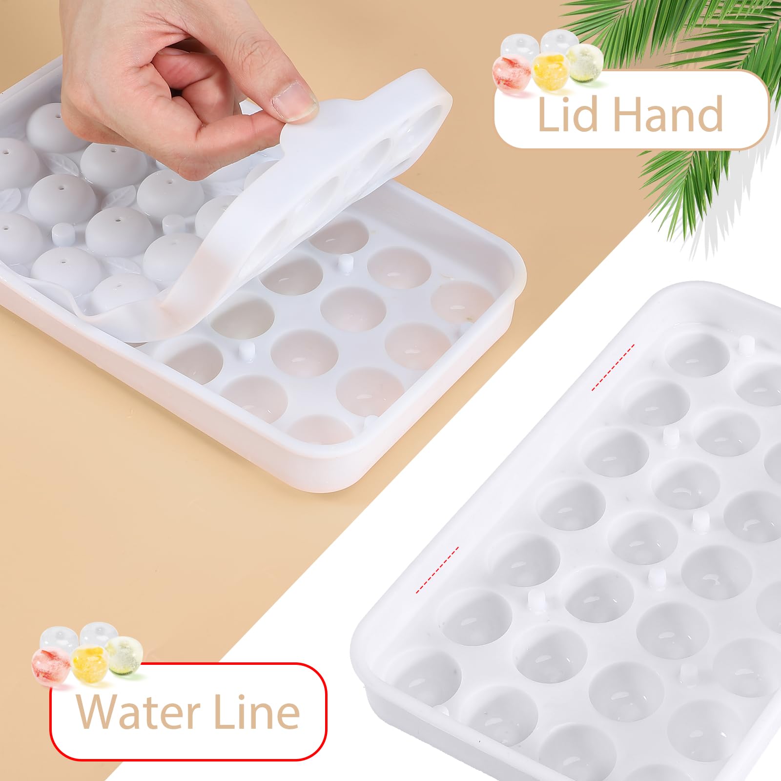 Ice Cube Tray, Silicone Apple Ice Ball Trays Maker, White Small Round Ice Mold for Cocktail, Juice, Whiskey, Freezer, Keep Drink Chille - Easy Release, ROHS and FDA (2 Ice Trays&1 Ice Box&1 Ice Scoop)
