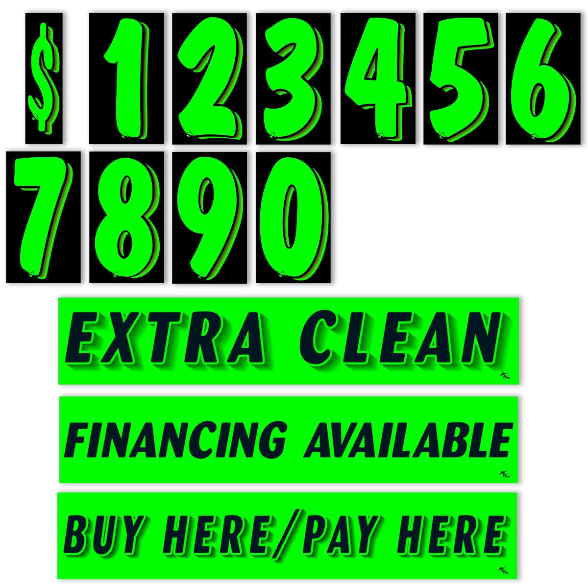 VERSA-TAGS 7.5" Black/Green Vinyl Number 11 Dozen Set Windshield Pricing & 1 Pack of Each of Extra Clean, Financing Available, Buy Here Pay Here 14.5" x 2.75" Sticker Windshield Auto Dealership