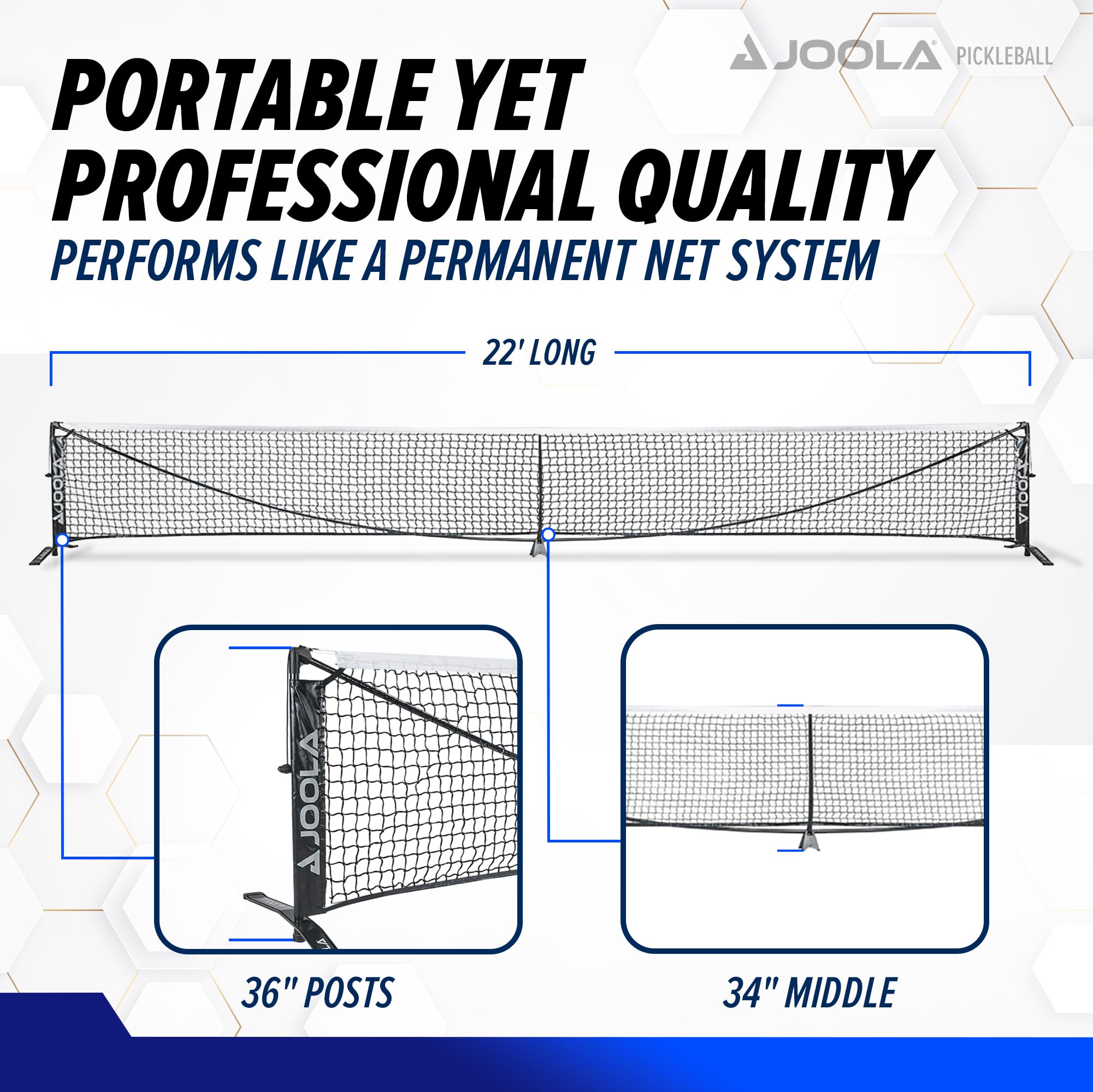 JOOLA Symmetry Portable Pickleball Net - Regulation Size Indoor & Outdoor Net - Easily Set up Your Pickleball Court, 3 Minute Assembly - Tension Lock System for Height Accuracy - 22ft Length
