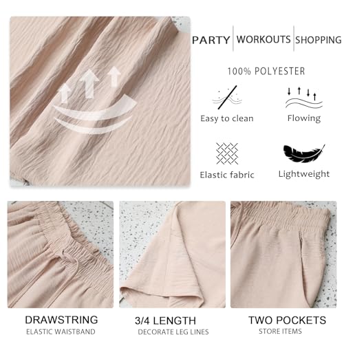 Anyhold Womens Capri Pants Loose High Waisted Wide Leg Lounge Pants Drawstring Casual Palazzo Trousers with Pockets X-Large, Beige