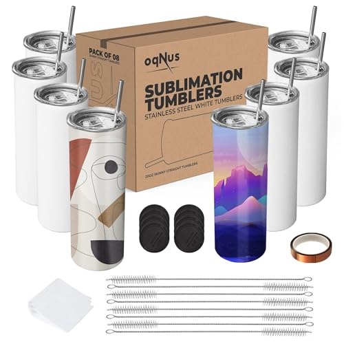 Oqnus 8 Pack 20 oz Sublimation Tumblers - Double Wall Insulated Blank Tumblers for Sublimation with Straws, Shrink Wrap, Heat Tape, Coasters - Premium Stainless Steel Sublimation Tumbler Blanks