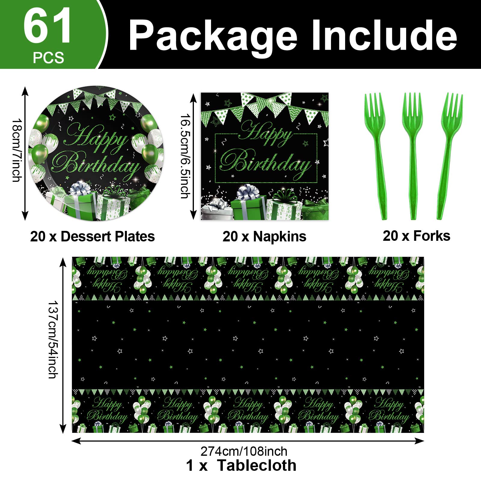 Green Happy Birthday Party Supplies Green Silver Black Party Tableware Includes Confetti Sprinkles Plates Napkins Fork and Green Birthday Tablecloth for Birthday Parties Decorations Set Serve 20