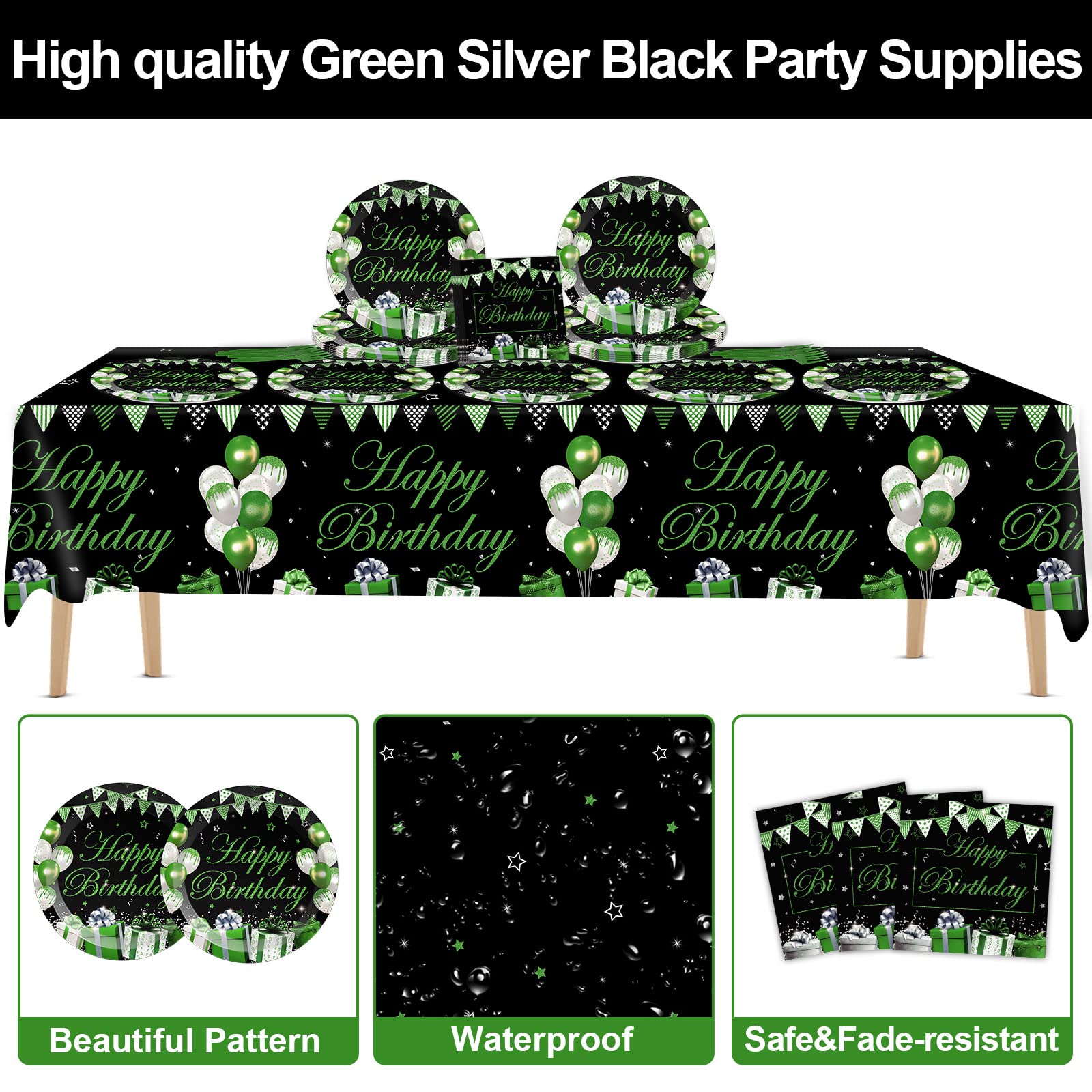 Green Happy Birthday Party Supplies Green Silver Black Party Tableware Includes Confetti Sprinkles Plates Napkins Fork and Green Birthday Tablecloth for Birthday Parties Decorations Set Serve 20