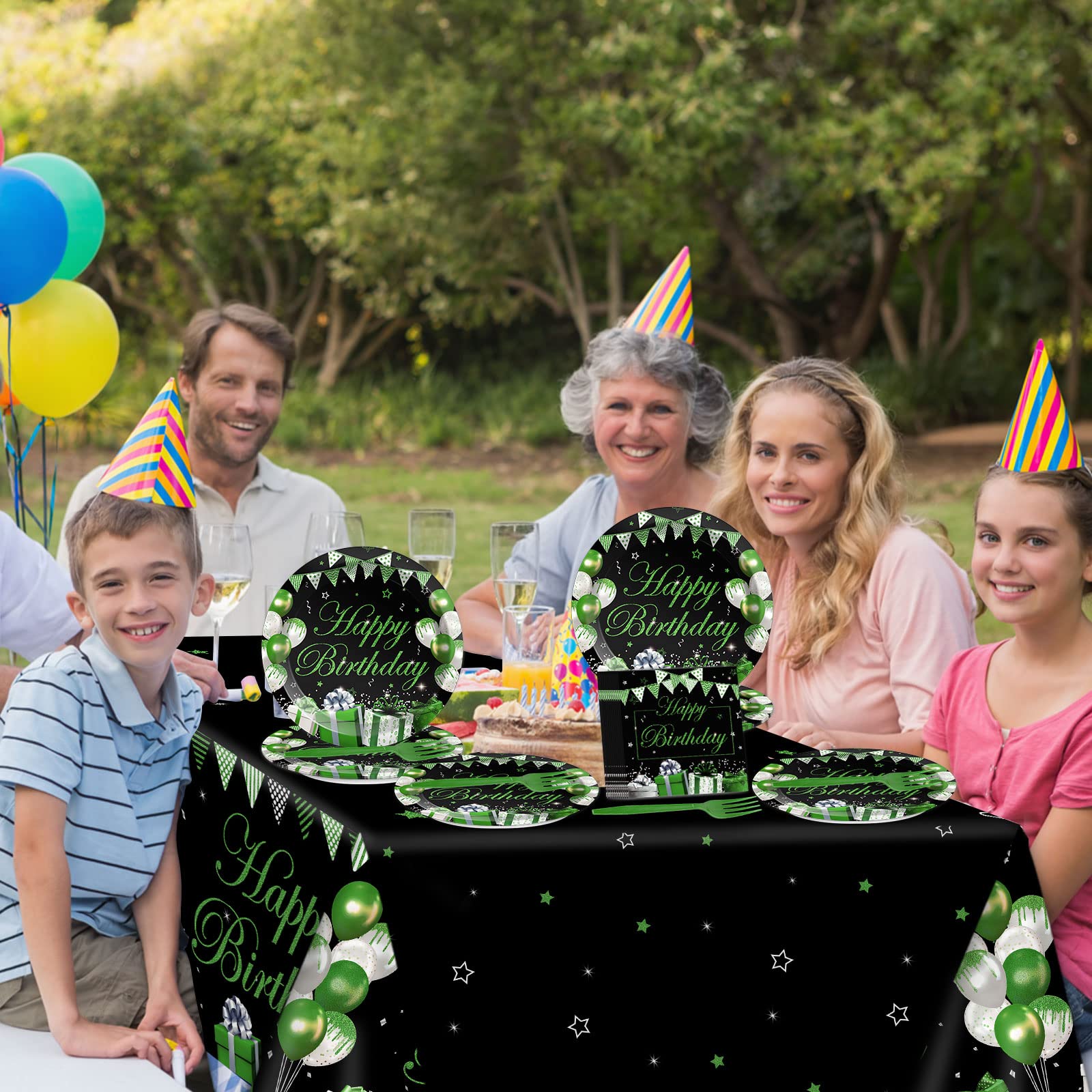 Green Happy Birthday Party Supplies Green Silver Black Party Tableware Includes Confetti Sprinkles Plates Napkins Fork and Green Birthday Tablecloth for Birthday Parties Decorations Set Serve 20