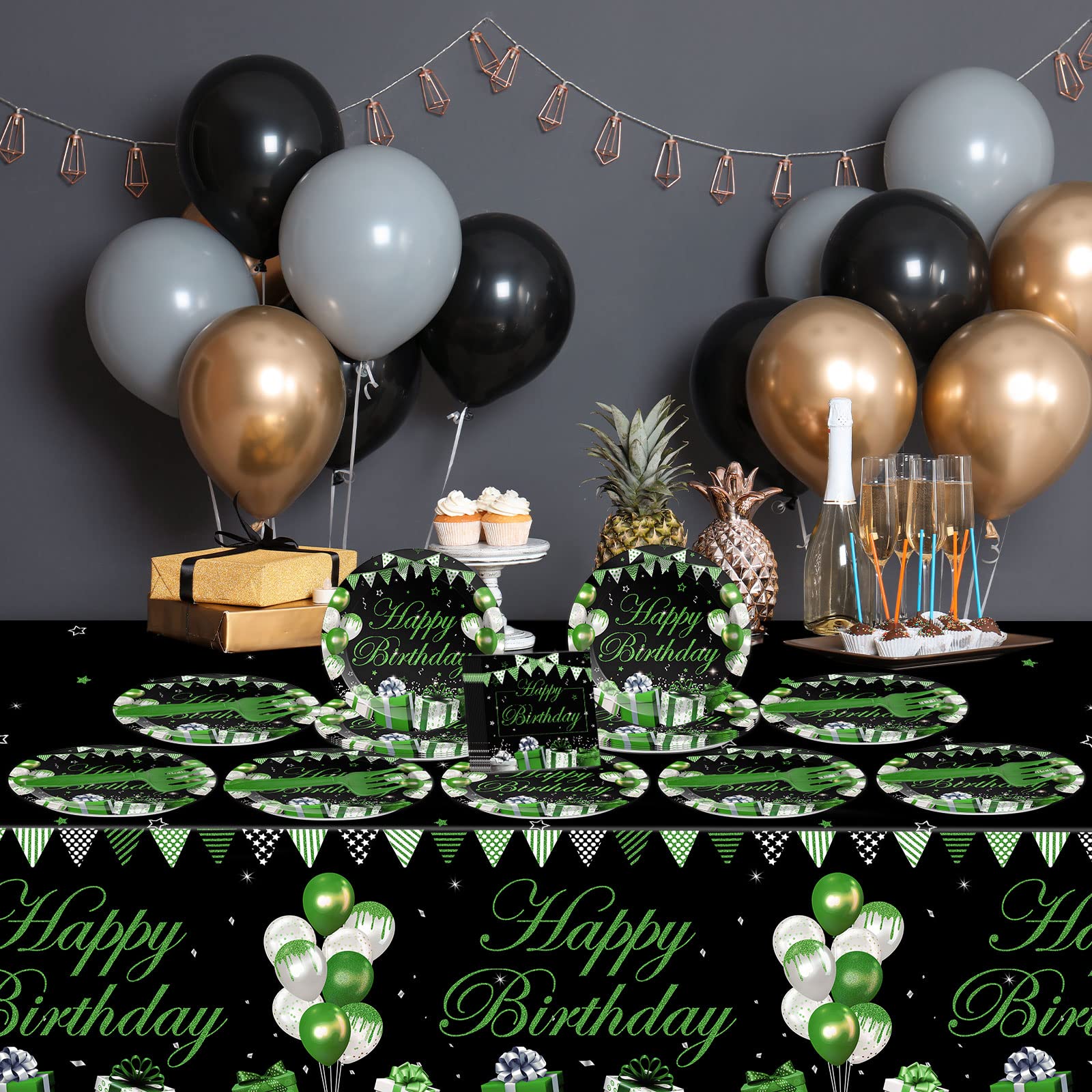 Green Happy Birthday Party Supplies Green Silver Black Party Tableware Includes Confetti Sprinkles Plates Napkins Fork and Green Birthday Tablecloth for Birthday Parties Decorations Set Serve 20