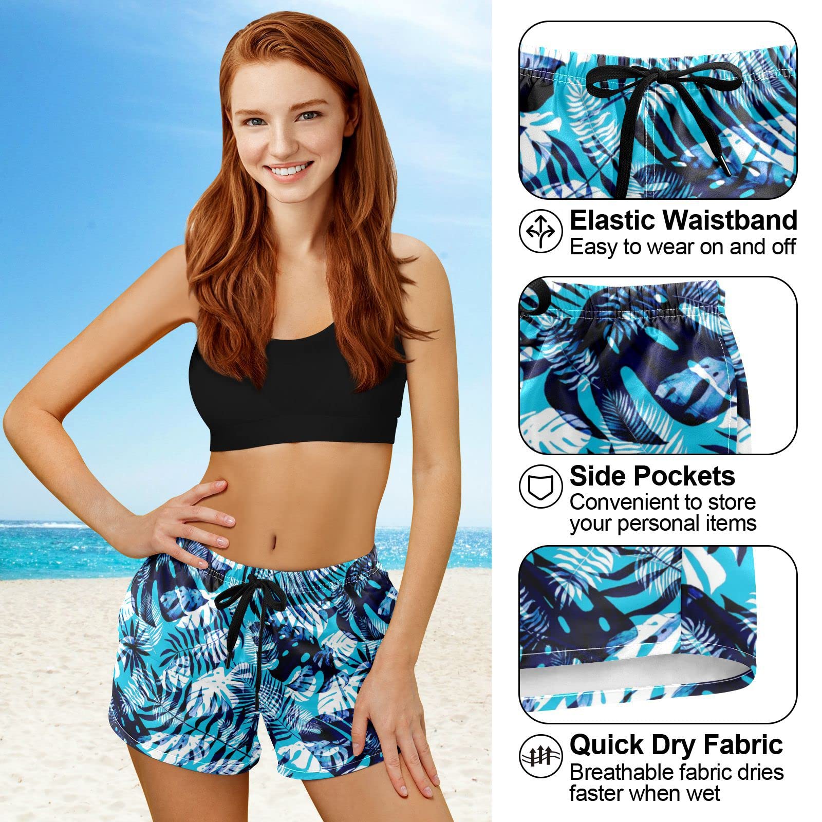 Naanle Women's Beach Shorts with Pockets Tropical Leaves Swim Trunks Board Shorts Swim Shorts Quick Dry Swimwear