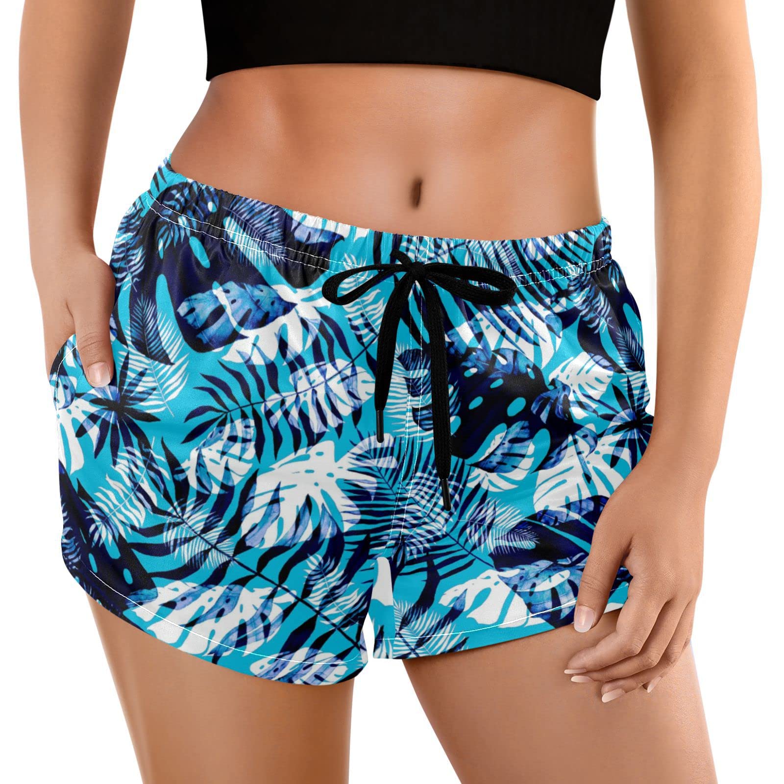 Naanle Women's Beach Shorts with Pockets Tropical Leaves Swim Trunks Board Shorts Swim Shorts Quick Dry Swimwear