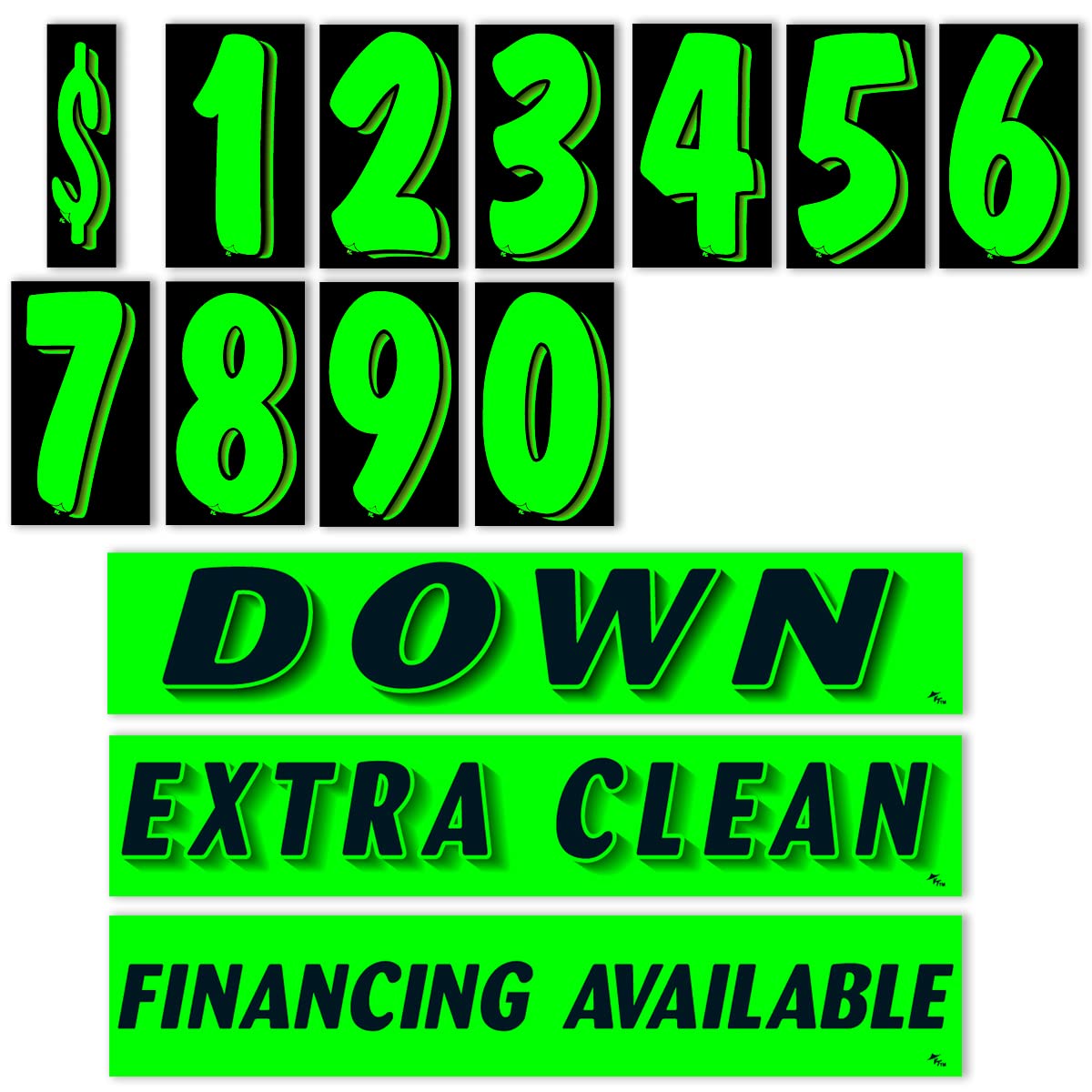 VERSA-TAGS 7.5" Black/Green Vinyl Number Decals 11 Dozen Set Windshield Pricing & 1 Pack of Each of Down, Extra Clean, Financing Available 14.5" x 2.75" Sticker Windshield Decal Auto Dealership