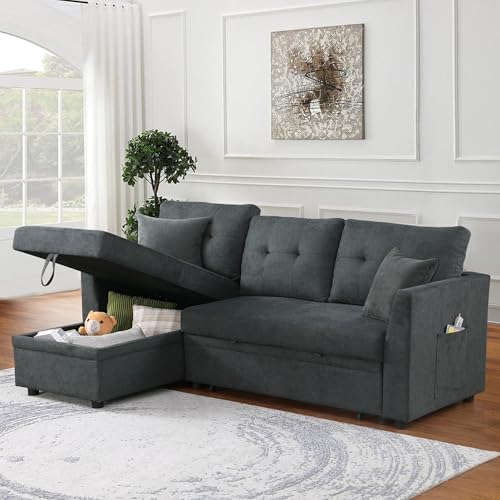 uhome Upholstered Sleeper Sofa with USB Ports sectional Couch Reversible Sofabed, Full XL, Gray