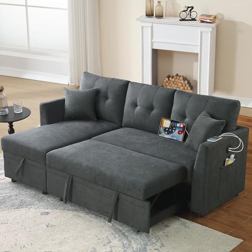 uhome Upholstered Sleeper Sofa with USB Ports sectional Couch Reversible Sofabed, Full XL, Gray