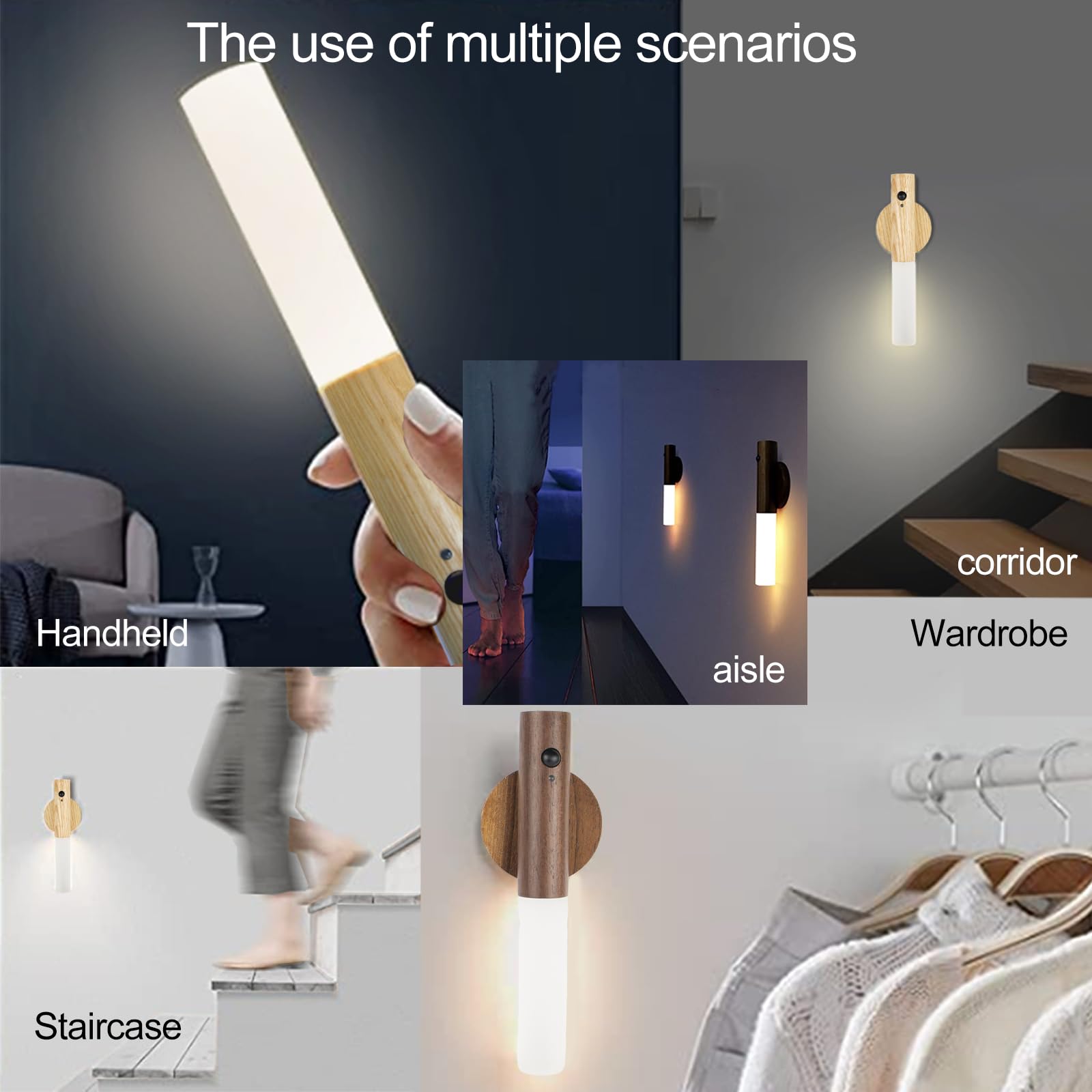 Upgraded Magnetic Rechargeable Wall Sconce, Motion Sensor Battery Powered Wooden Night Light, Cabinet Light Torch Light for Wall Hallway Wardrobe Stairwell Cabinet Kitchen etc (Black Walnut, 1 pcs)