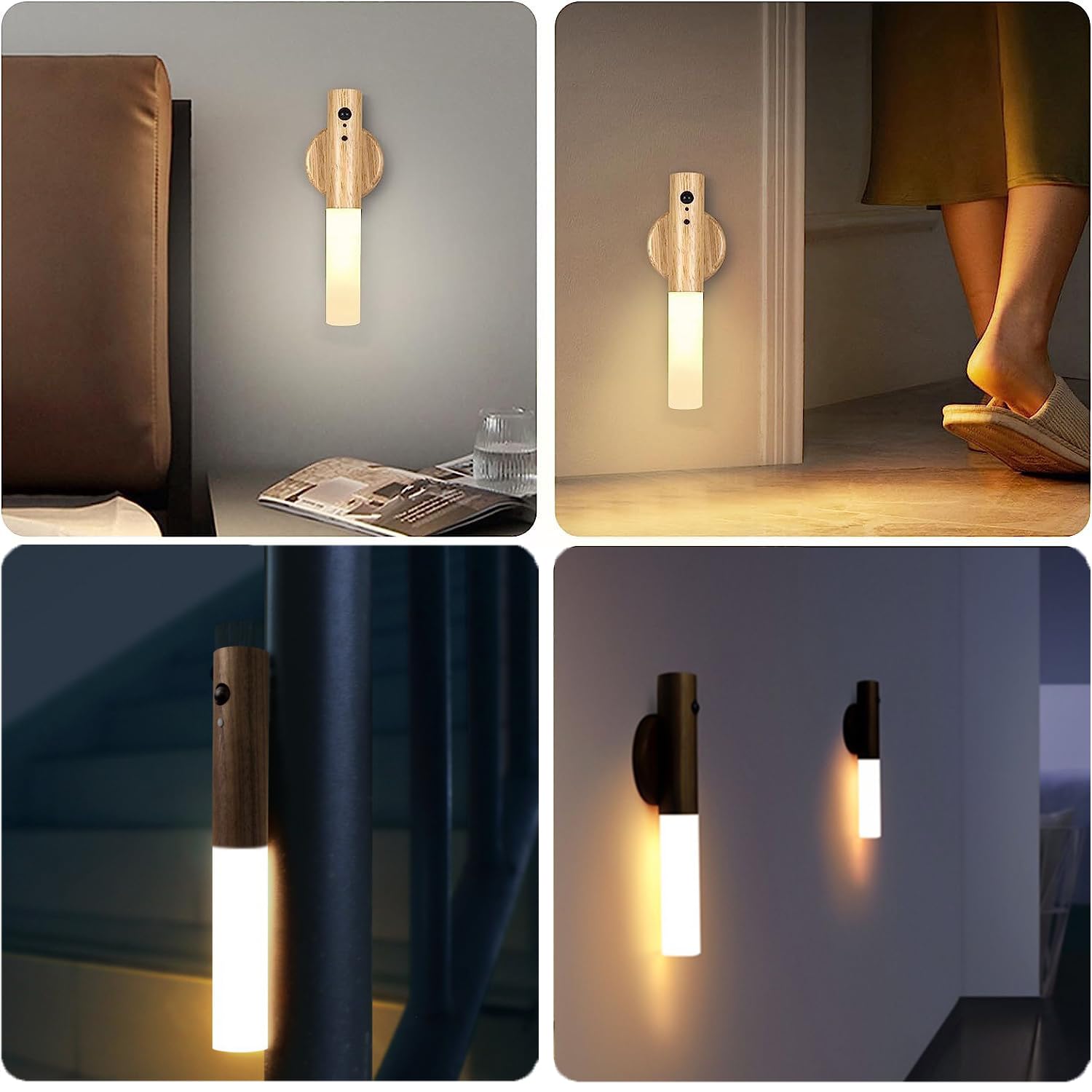 Upgraded Magnetic Rechargeable Wall Sconce, Motion Sensor Battery Powered Wooden Night Light, Cabinet Light Torch Light for Wall Hallway Wardrobe Stairwell Cabinet Kitchen etc (Black Walnut, 1 pcs)