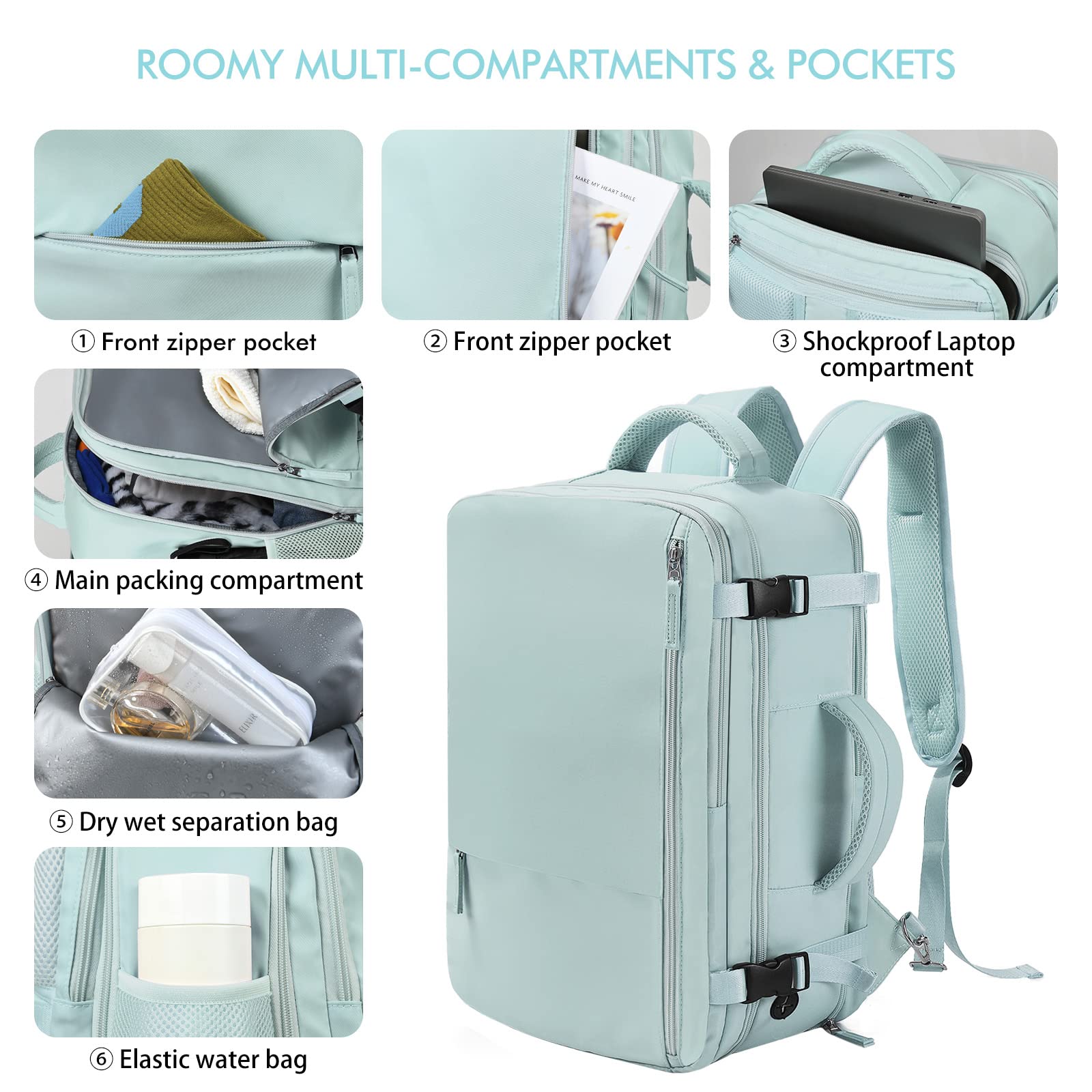 Beraliy Large Travel Backpack for Women Airline Approved, Carry On Backpack,17.3 Inch Laptop Backpack, Personal Item Bag Casual Daypack Backpacks,Mint Green
