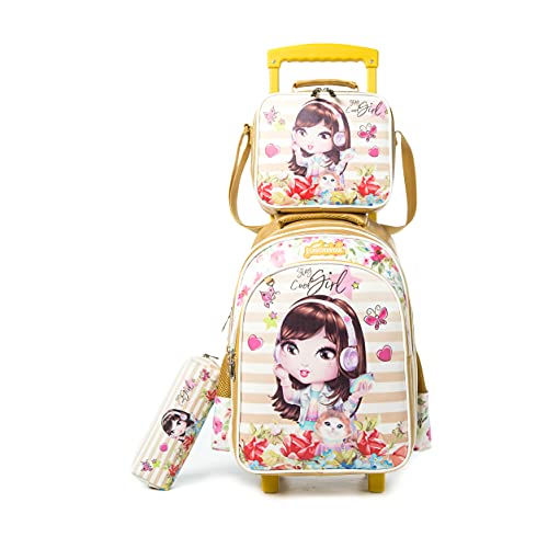 MOHCO Rolling Backpack Cute 16 inch Set 3 in 1 with Lunch Bag and Pencil Case for Girls (Yellow)