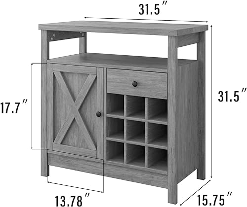 Farmhouse Coffee Bar Cabinet, 32'' Modern Kitchen Buffet Cabinet with Drawer, Coffee Station with Barn Door, 9 Wine Racks, Small Bar Cabinet with Shelf for Dining Room, Wash Gray