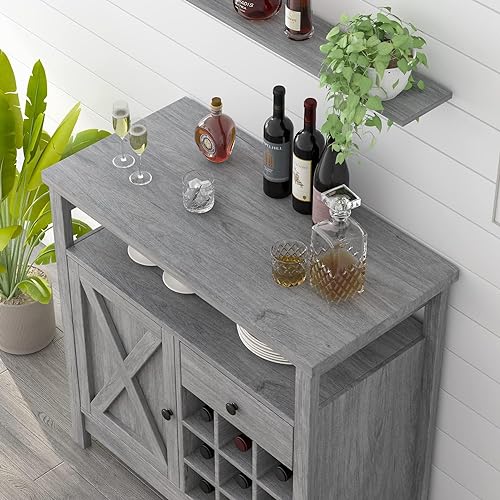 Farmhouse Coffee Bar Cabinet, 32'' Modern Kitchen Buffet Cabinet with Drawer, Coffee Station with Barn Door, 9 Wine Racks, Small Bar Cabinet with Shelf for Dining Room, Wash Gray