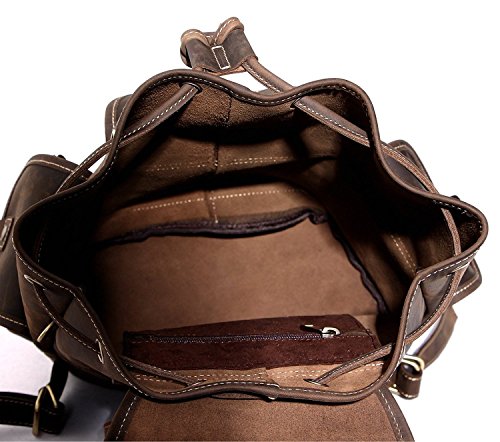 Berchirly Drawstring Backpacks Ladies 14.7Inch Leather School Shoulder Bags Bookbag Men Women Outdoor Bagpack Dark Coffee