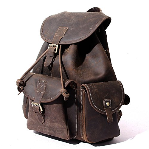 Berchirly Drawstring Backpacks Ladies 14.7Inch Leather School Shoulder Bags Bookbag Men Women Outdoor Bagpack Dark Coffee