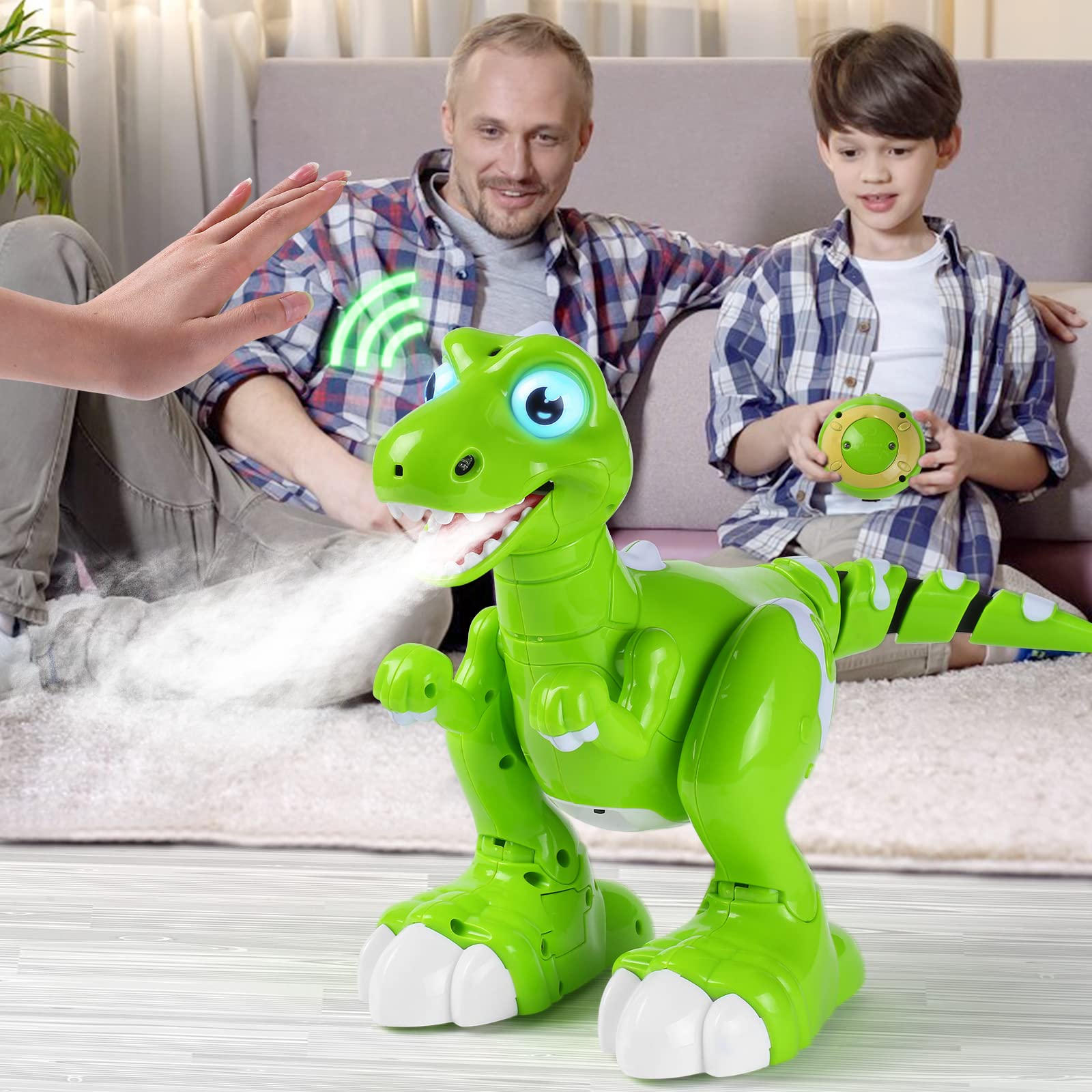 TUUYOOWK Remote Control Dinosaur Toys for Kids 3-5 5-7, Realistic RC Electronic Dinosaur Toy with Water Mist Spray, Rotating, Singing and Dancing, Foraging Mode for Boys Girls
