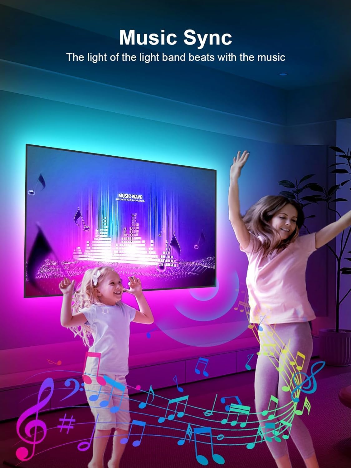 GIPOYENT TV Light Strip, Music Sync LED TV Backlights, for 32-50 Inch TV, LED TV Light with Bluetooth Function - RGB Color Changing Light Strip for Home Theater (9.8ft)