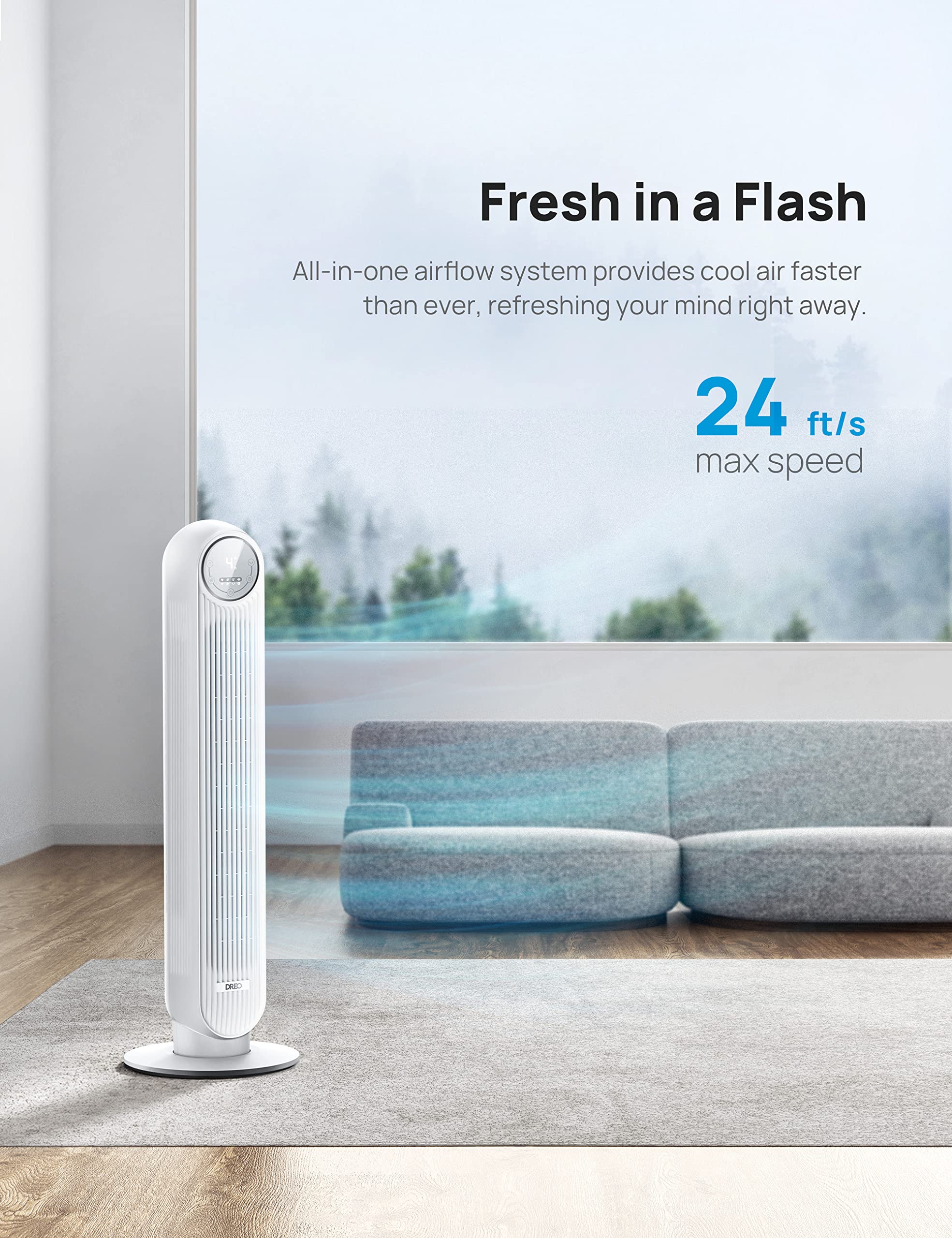 Dreo 42" Tower Fan for bedroom, 25 DB Quiet DC Bladeless Fans, 90° Oscillating Fan with Remote & Tower Fan with Remote, Smart Oscillating Quiet Fans for Bedroom, Bladeless Standing Cooling Floor Fan