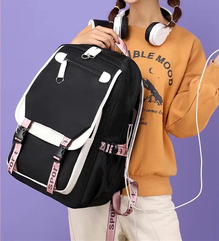 GDFENDU Japanese Anime Backpacks with Keychains,USB Charging Port Student School Bag Laptop Cosplay for Boys Girls (Pink)