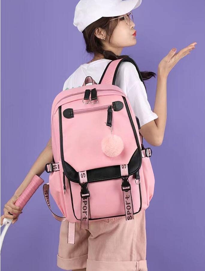 GDFENDU Japanese Anime Backpacks with Keychains,USB Charging Port Student School Bag Laptop Cosplay for Boys Girls (Pink)