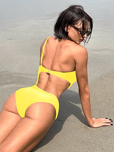 WDIRARA Women's One Shoulder Cut Out Mesh Contrast Sexy One Piece Swimsuit Bikini Red and Yellow M