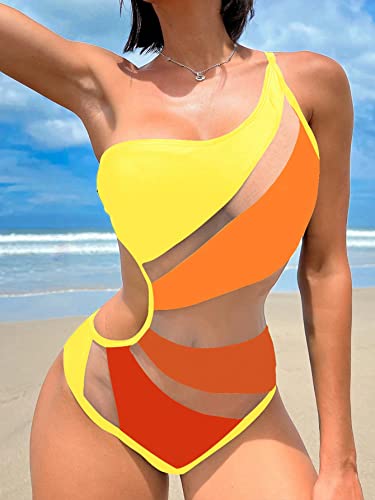 WDIRARA Women's One Shoulder Cut Out Mesh Contrast Sexy One Piece Swimsuit Bikini Red and Yellow M