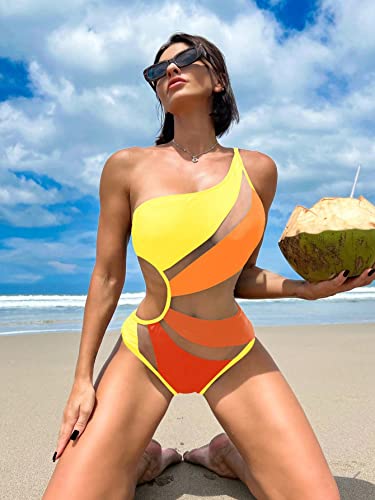 WDIRARA Women's One Shoulder Cut Out Mesh Contrast Sexy One Piece Swimsuit Bikini Red and Yellow M