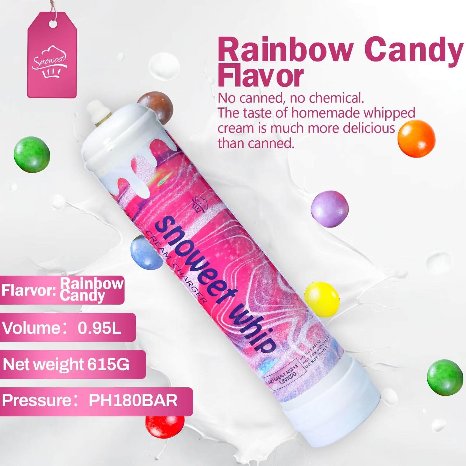 Cream Charger Tanks Sturdy Base Steel Whipped Cream Dispensers 0.95L 615Gram Whipped Cream Canisters with1 nozzle (Rainbow Candy-1 Cylinder)