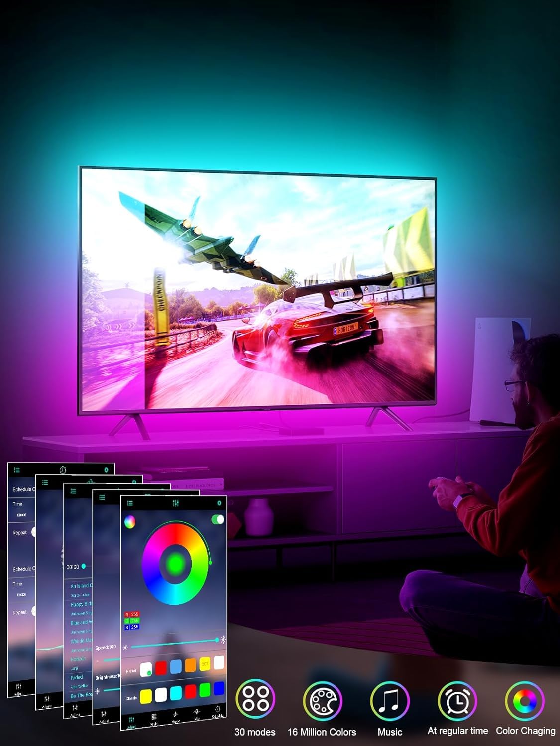 GIPOYENT TV Light Strip, Music Sync LED TV Backlights, for 32-50 Inch TV, LED TV Light with Bluetooth Function - RGB Color Changing Light Strip for Home Theater (9.8ft)