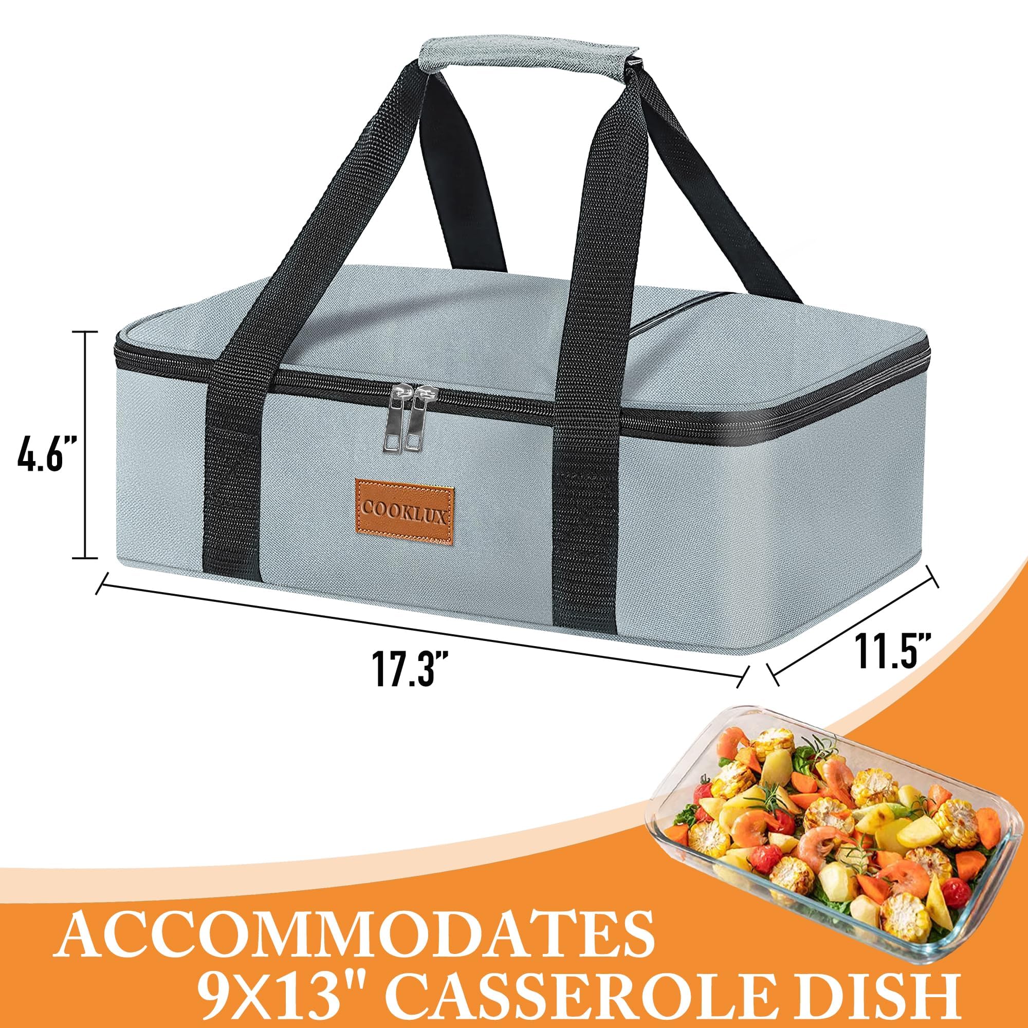 Cooklux Insulated Casserole Carrier - Single Layer Design, Food Warmer Bag for Hot&Cold Food Travel, Fits 9x13 Casserole Dish, Leak-Proof, Durable Nylon, Zip Pockets, Grey