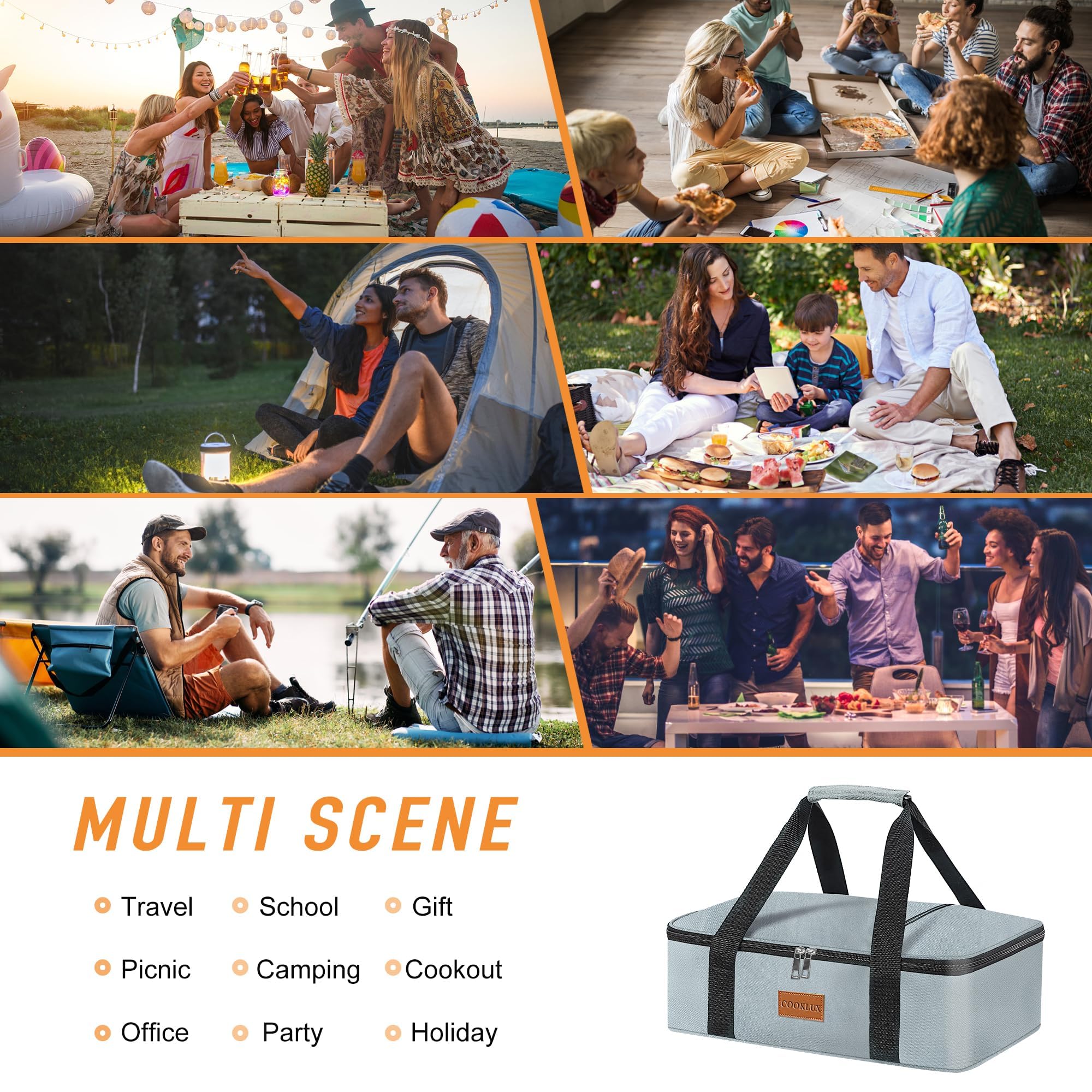 Cooklux Insulated Casserole Carrier - Single Layer Design, Food Warmer Bag for Hot&Cold Food Travel, Fits 9x13 Casserole Dish, Leak-Proof, Durable Nylon, Zip Pockets, Grey