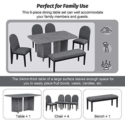 LUMISOL Faux Marble Kitchen Table Set with Chairs and Bench 6 Piece Dining Room Table Set Modern Style Dining Set Furniture for 6 Persons
