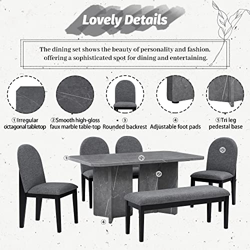LUMISOL Faux Marble Kitchen Table Set with Chairs and Bench 6 Piece Dining Room Table Set Modern Style Dining Set Furniture for 6 Persons