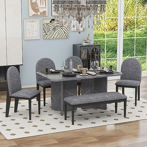 LUMISOL Faux Marble Kitchen Table Set with Chairs and Bench 6 Piece Dining Room Table Set Modern Style Dining Set Furniture for 6 Persons
