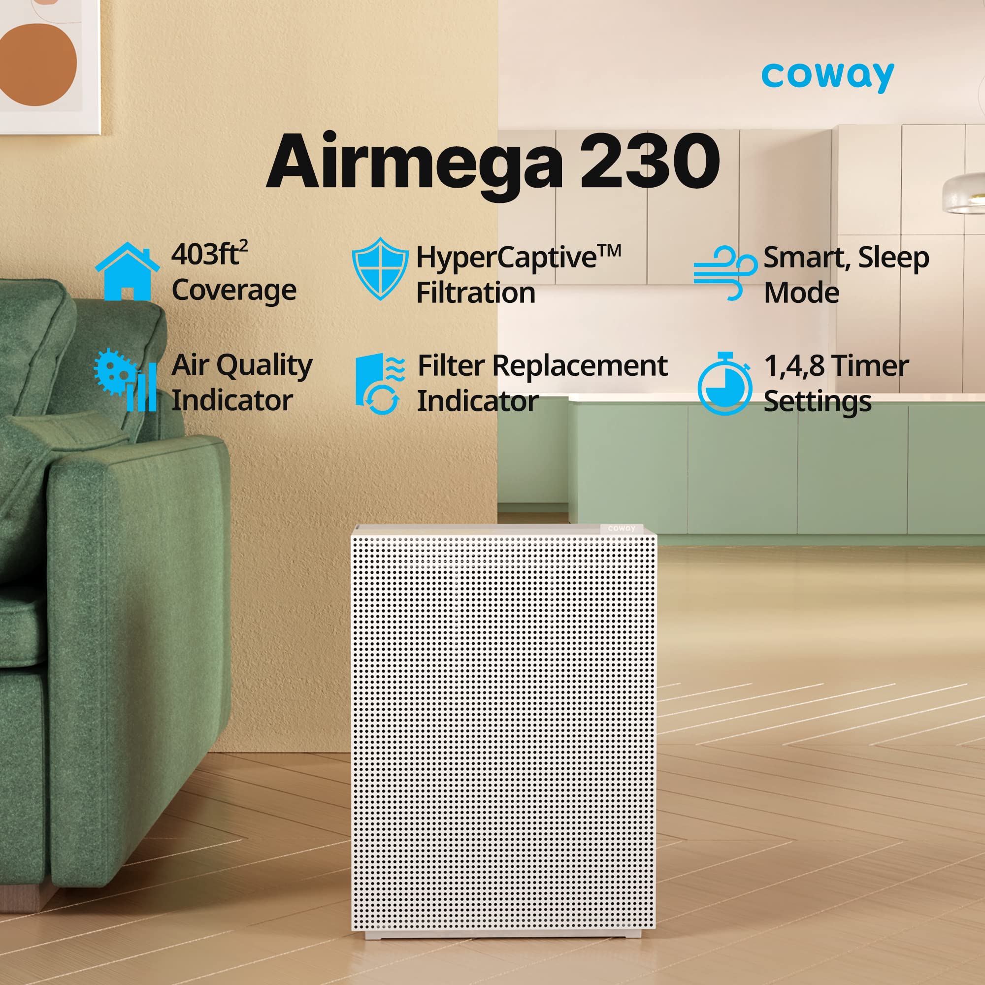 Coway Airmega 230 True HEPA Air Purifier with Air Quality Monitoring, Auto, and Filter Indicator, Dove White & Airmega 250S App-Enabled Smart Technology, Covers 930 Sq.ft