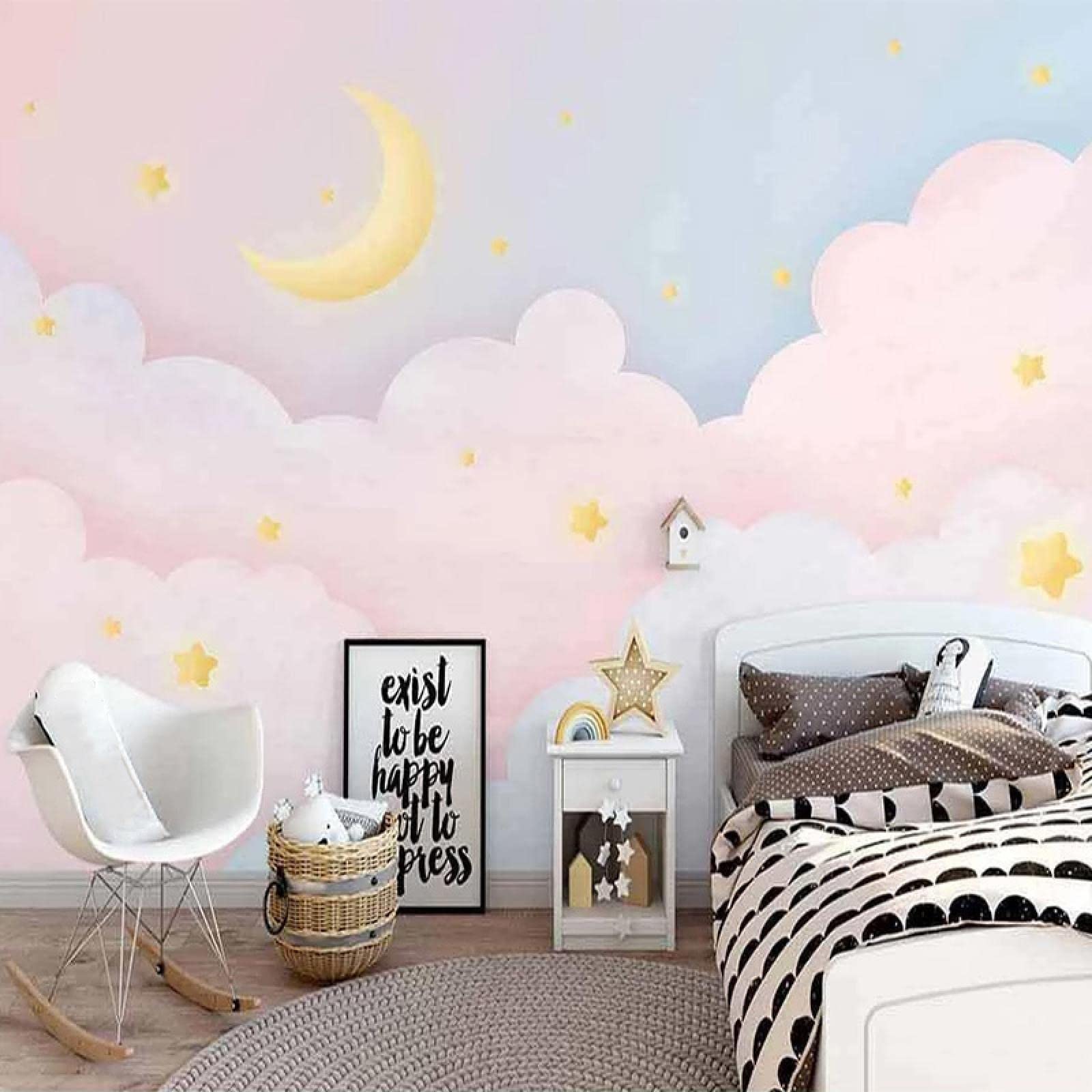 Cartoon Moon Clouds Stars 3D Wallpaper Mural, Cute Pink Clouds Photo Mural Wallpaper, Wall Murals Space for Kids Room Living Bedroom Sofa TV Background Decor - 144"x 100"(W x H)