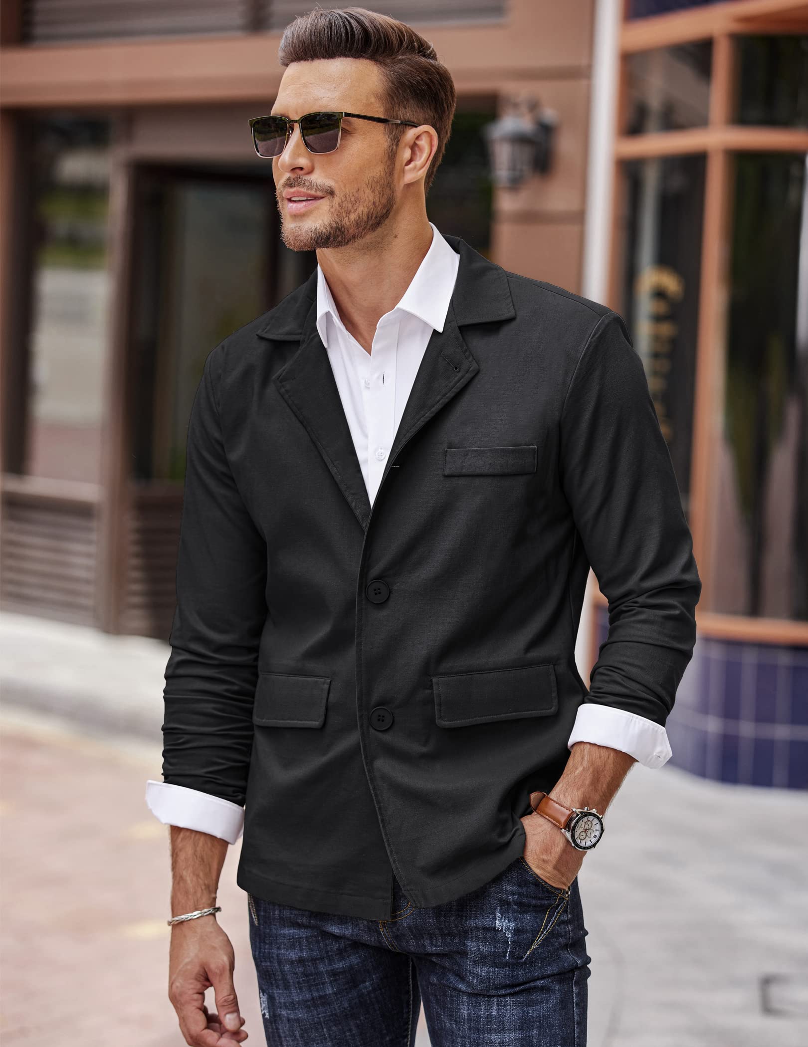 COOFANDY Mens Linen Cotton Casual Suits Blazer Jackets Lightweight Sports Coats# Black