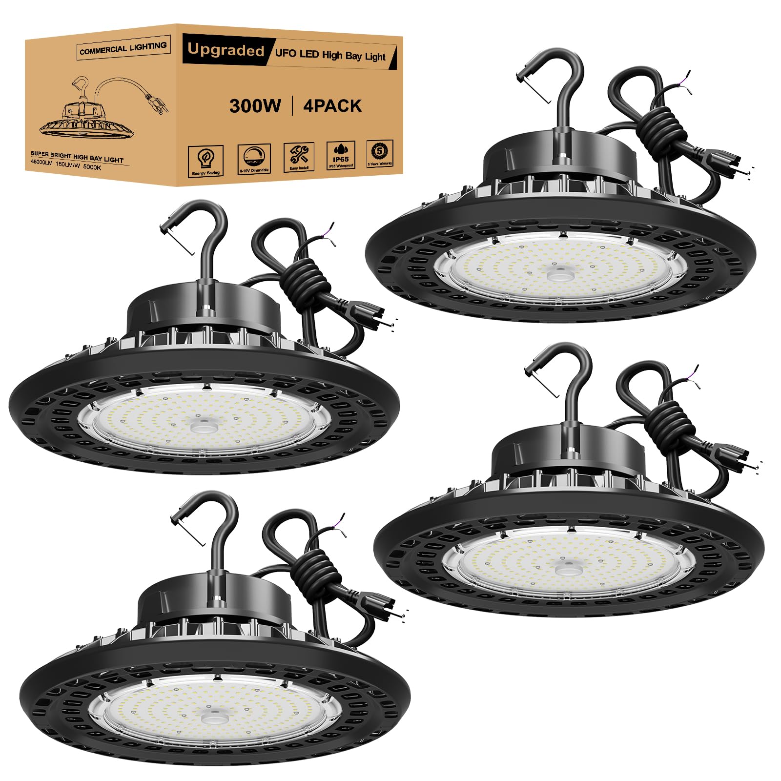 JC-LGL UFO LED High Bay Light 300W 4Pack,High Lights 45,000LM(1250W MH/HPS Eqv.) Dimmable 6' Cable with Plug,Hanging Hook,Safe Rope,ETL Listed for Warehouse Factory Barn Shop,Black