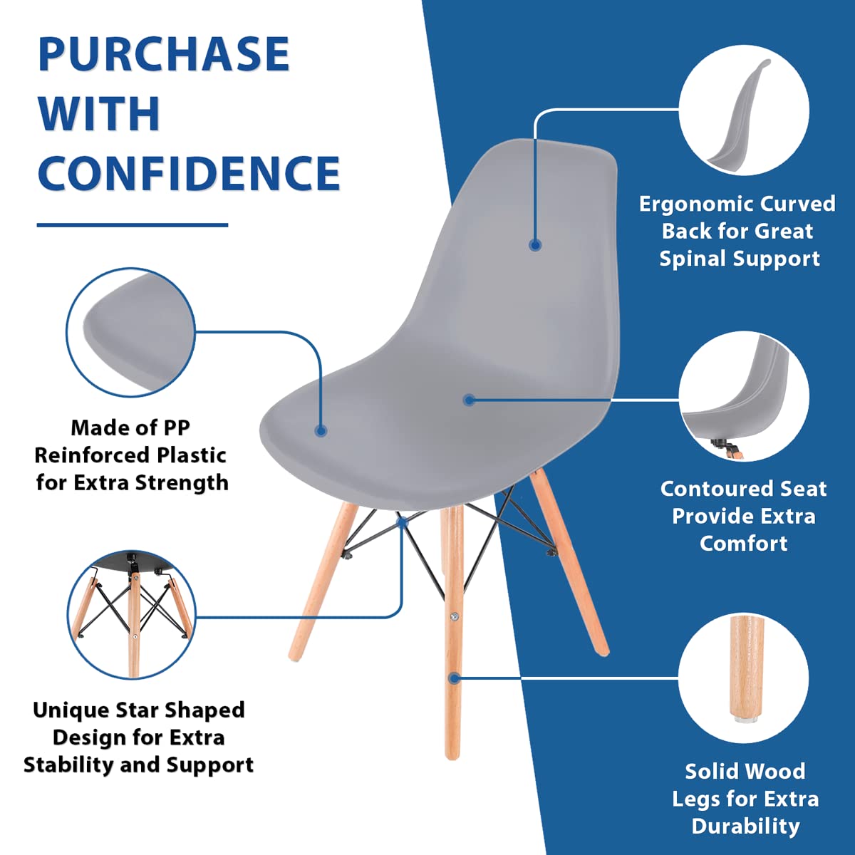 Lifetime Home Mid-Century Modern Dining Chairs Set of 2 - DSW Boho Style Plastic Chair for Living Room Bedroom Office Table Kitchen - Shell Lounge Chair with Wood Legs - Gray