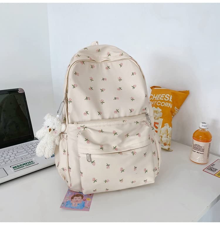 ZHHUIZ Kawaii Backpack Flower Backpack with Bear Pendant, Aesthetic School Bag Bookbag Japanese Ita Bags Cute Daypack (White), One Size