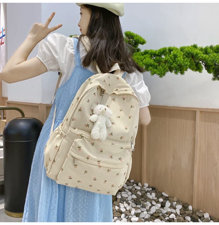 ZHHUIZ Kawaii Backpack Flower Backpack with Bear Pendant, Aesthetic School Bag Bookbag Japanese Ita Bags Cute Daypack (White), One Size