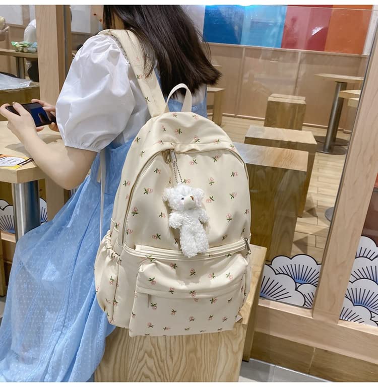 ZHHUIZ Kawaii Backpack Flower Backpack with Bear Pendant, Aesthetic School Bag Bookbag Japanese Ita Bags Cute Daypack (White), One Size